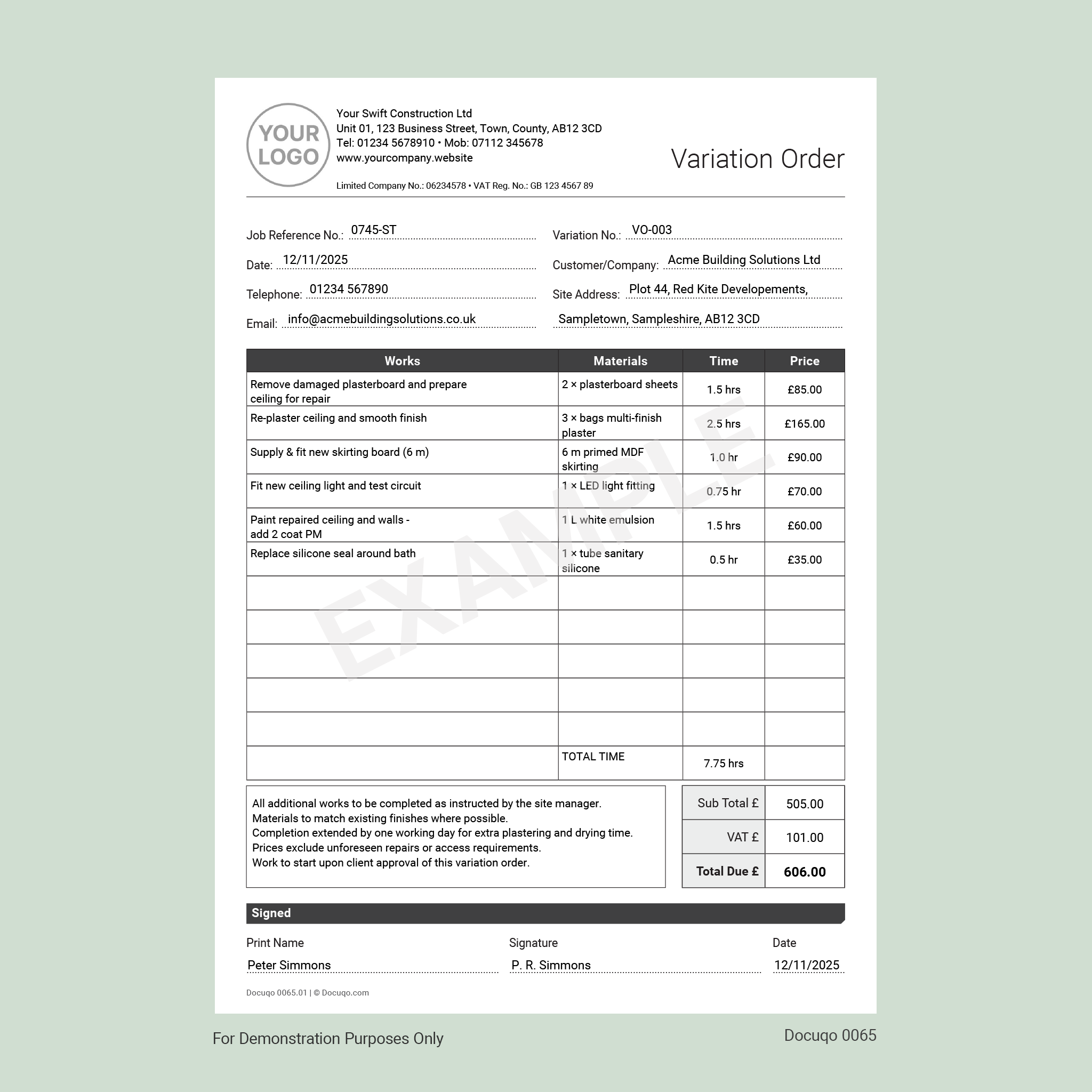Variation Order Forms (UK, A4 Fillable PDFs) – Site & Project Changes ...