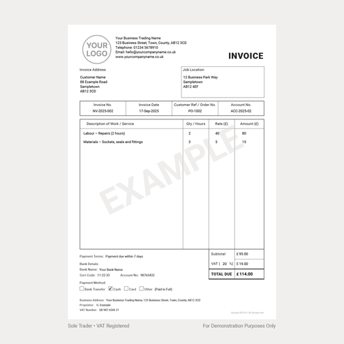 Contractor VAT Invoice Template (UK, A4 Fillable PDF) – HMRC-Compliant ...