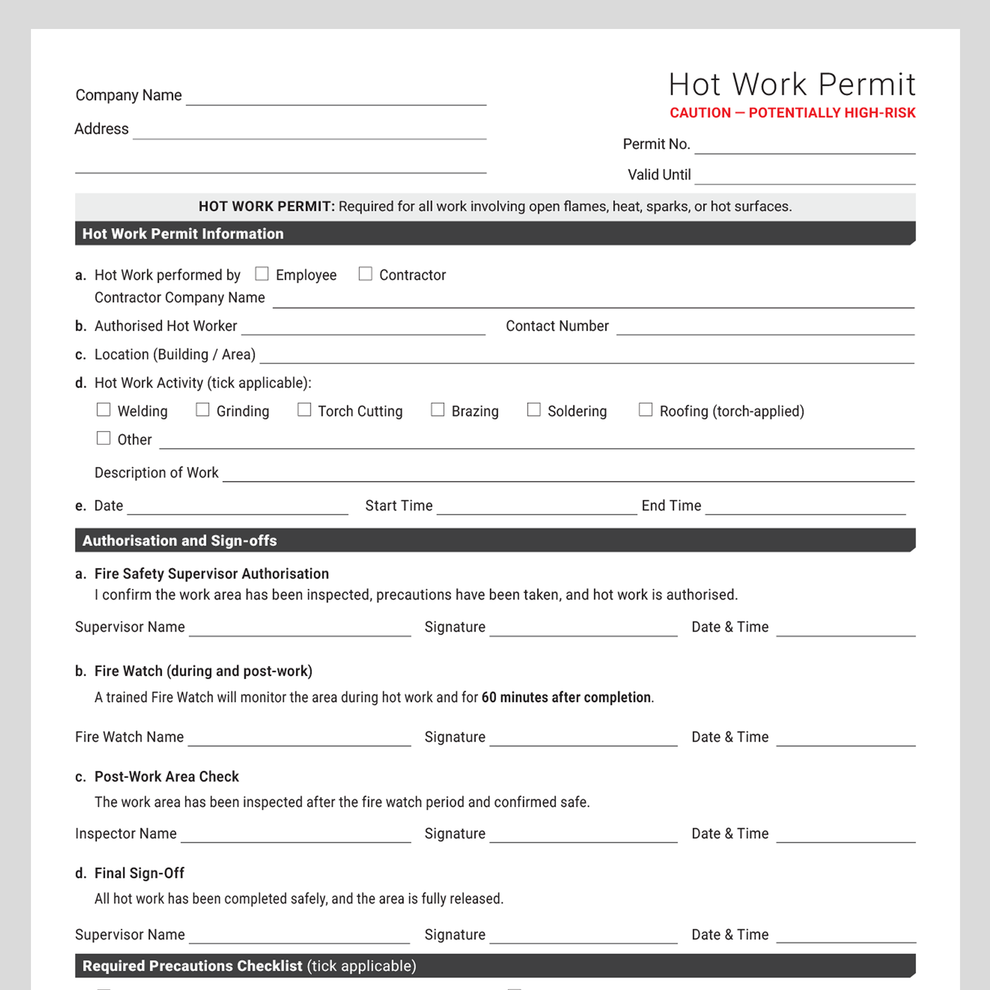 Hot Work Permit Template UK | Fillable Fire Safety Permit – Docuqo 0105