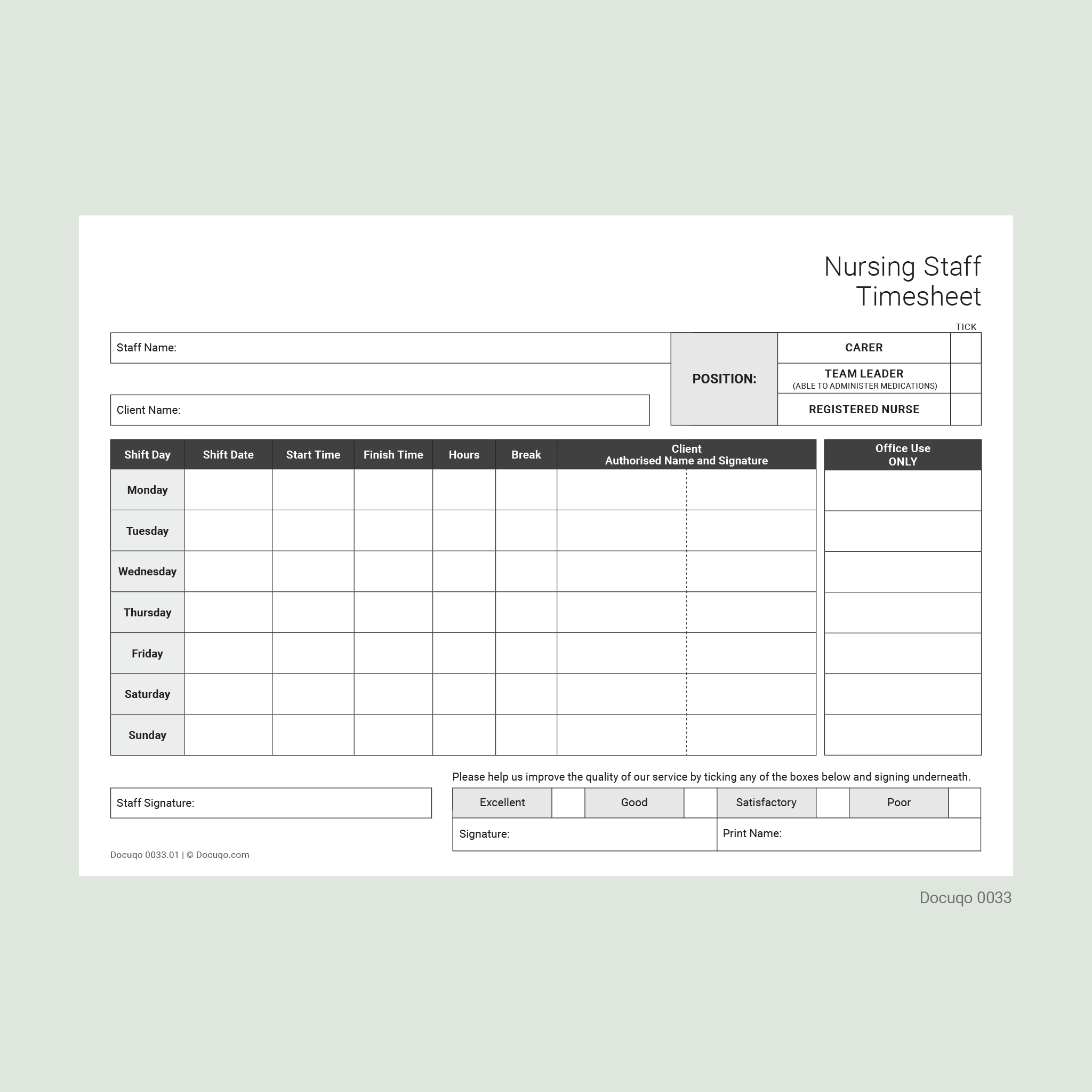 Nursing Staff Weekly Timesheet (UK, A4 Fillable PDF) – Carers & Nurses ...