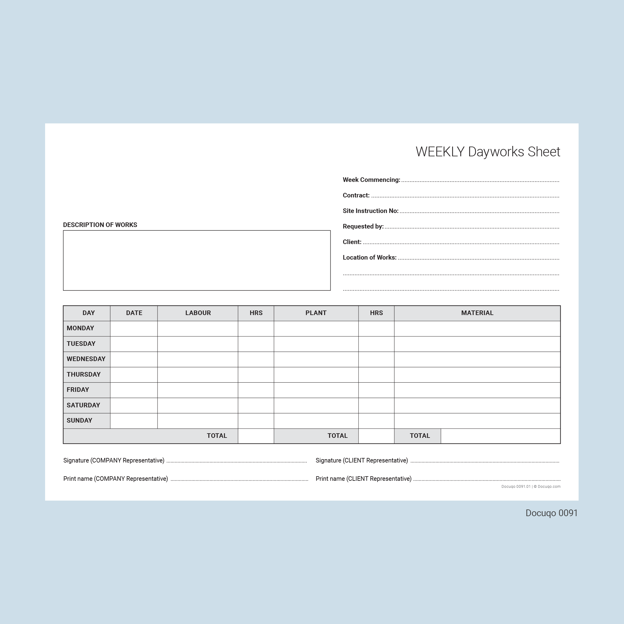 Weekly Dayworks Sheet (UK, A4 Fillable PDF) – Construction Template ...