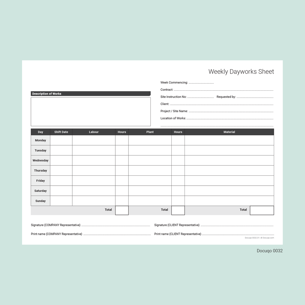 UK Daywork Sheet Templates – A4 Editable & Printable PDF Forms – Docuqo